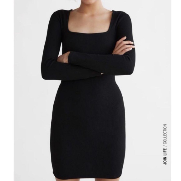 Zara | Dresses | Zara Black Long Sleeve Square Neck Ribbed Bodycon ...